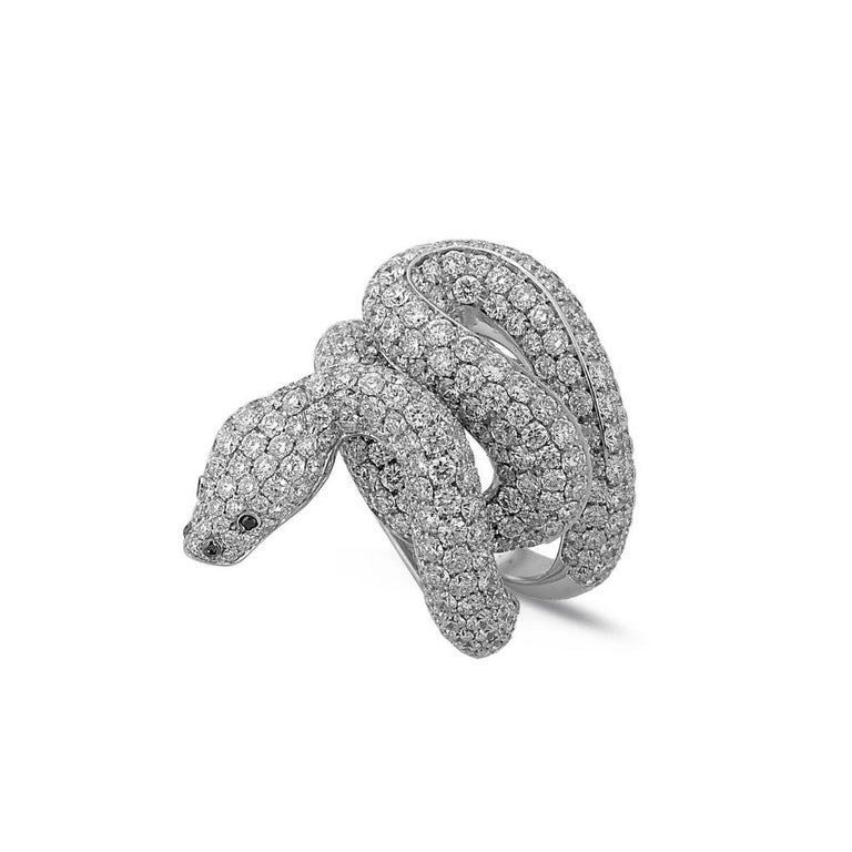 White Brilliant Cut Diamond Pavè Viper Snake Ring in 18 Karat White ...