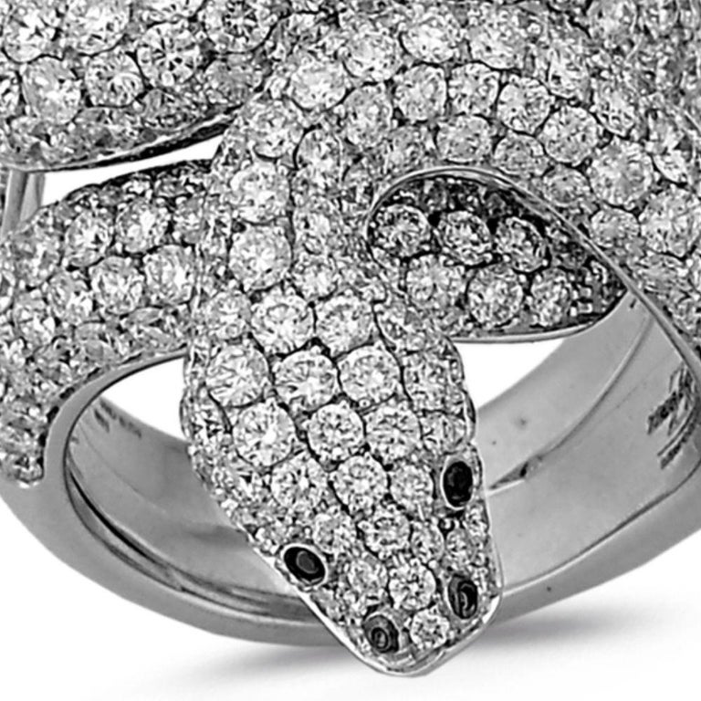 White Brilliant Cut Diamond Pavè Viper Snake Ring in 18 Karat White ...