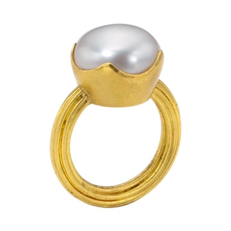 White Button Pearl Ring in 22 Karat Gold For Sale at 1stDibs