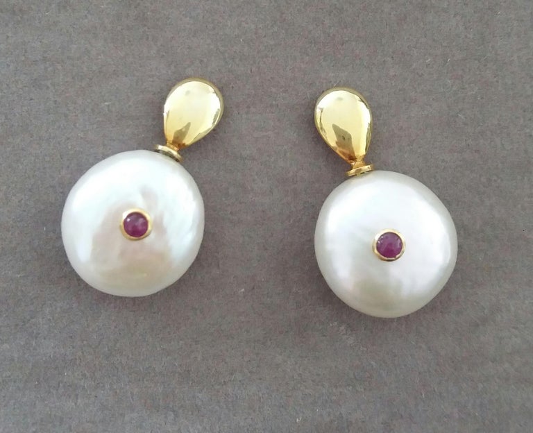 White Button Shape Baroque Pearls Round Ruby Cabs 14 K Yellow Gold Tops ...