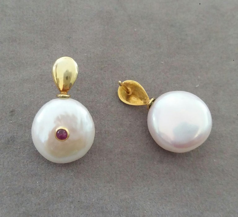 White Button Shape Baroque Pearls Round Ruby Cabs 14 K Yellow Gold Tops ...