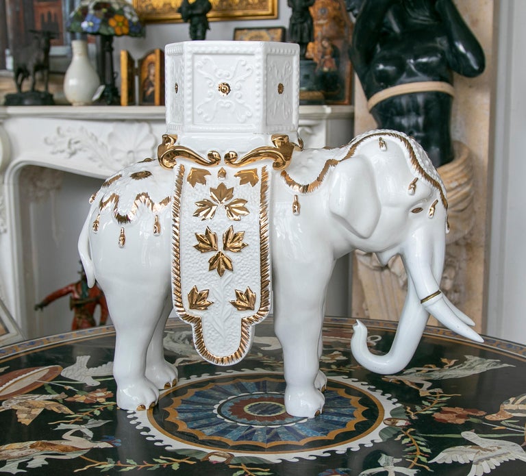 White Ceramic Elephant Pot Sculpture Signed "Bondia" For Sale at 1stDibs