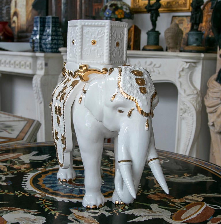 White Ceramic Elephant Pot Sculpture Signed "Bondia" For Sale at 1stDibs