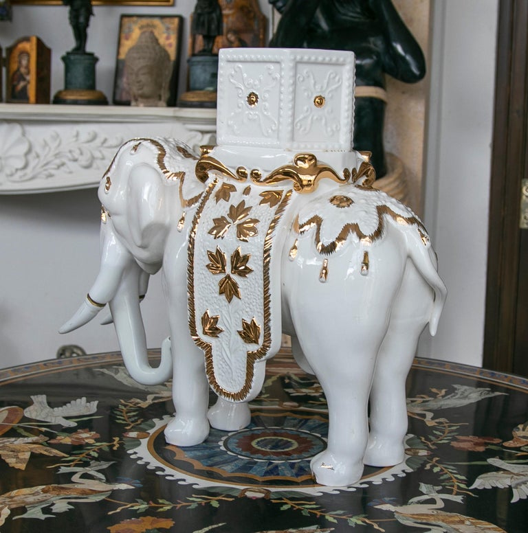 White Ceramic Elephant Pot Sculpture Signed "Bondia" For Sale at 1stDibs