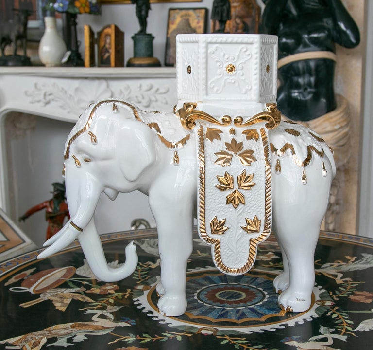 White Ceramic Elephant Pot Sculpture Signed "Bondia" For Sale at 1stDibs