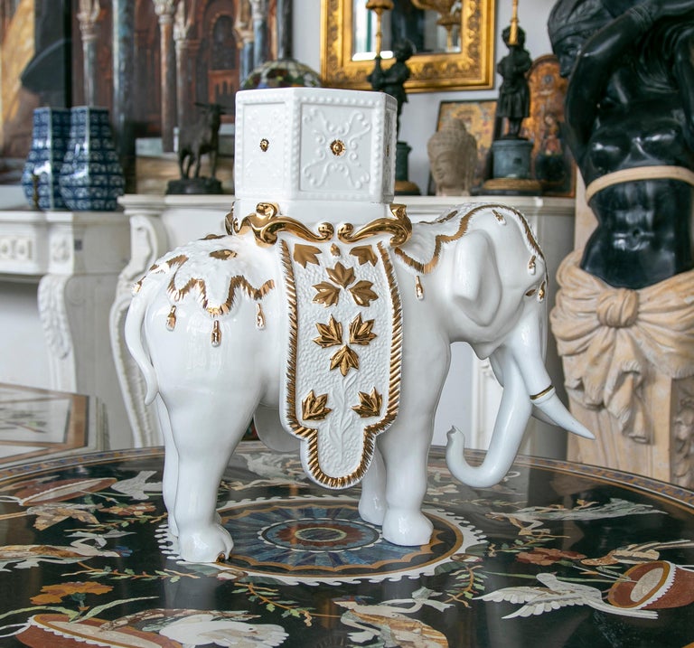 White Ceramic Elephant Pot Sculpture Signed "Bondia" For Sale at 1stDibs