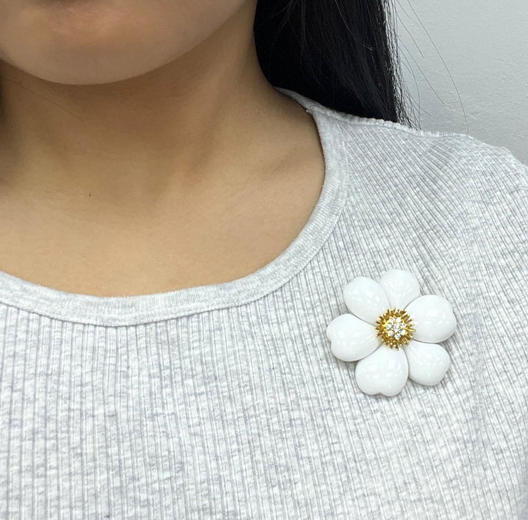 White Coral Diamond Flower Brooch For Sale at 1stDibs