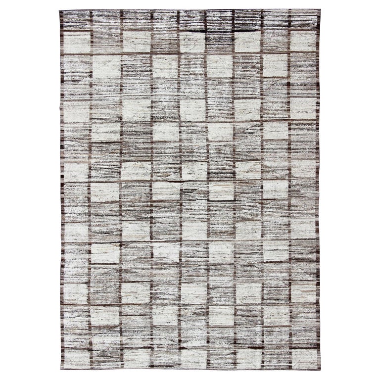 White, Cream and Brown Casual Modern Checkered Design Large Modern Rug ...
