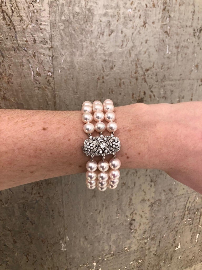 White Cultured Pearl 18 Karat White Gold and Diamond 3-Row Bracelet For ...