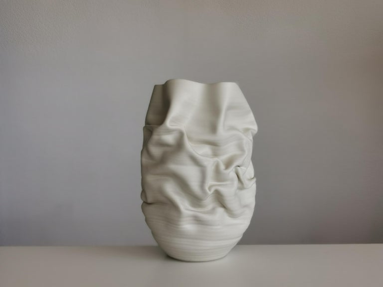 White Deflated Crumpled Form, Vase, Interior Sculpture or Vessel, Objet ...