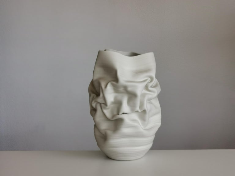 White Deflated Crumpled Form, Vase, Interior Sculpture or Vessel, Objet ...