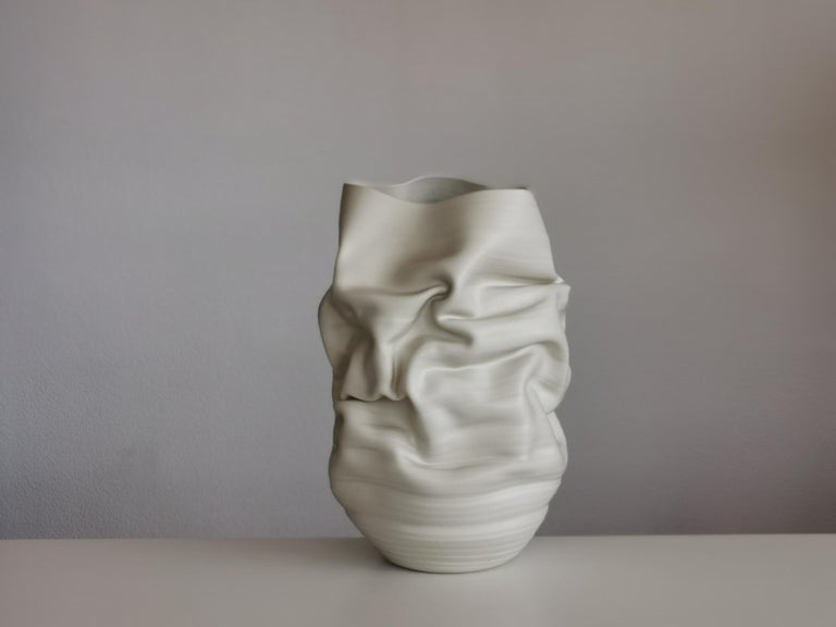 White Deflated Crumpled Form, Vase, Interior Sculpture or Vessel, Objet ...