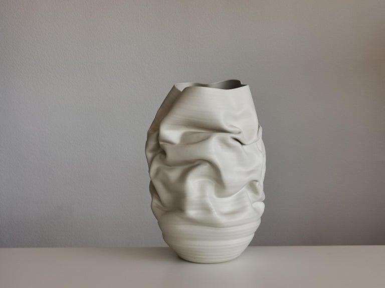 White Deflated Crumpled Form, Vase, Interior Sculpture or Vessel, Objet ...
