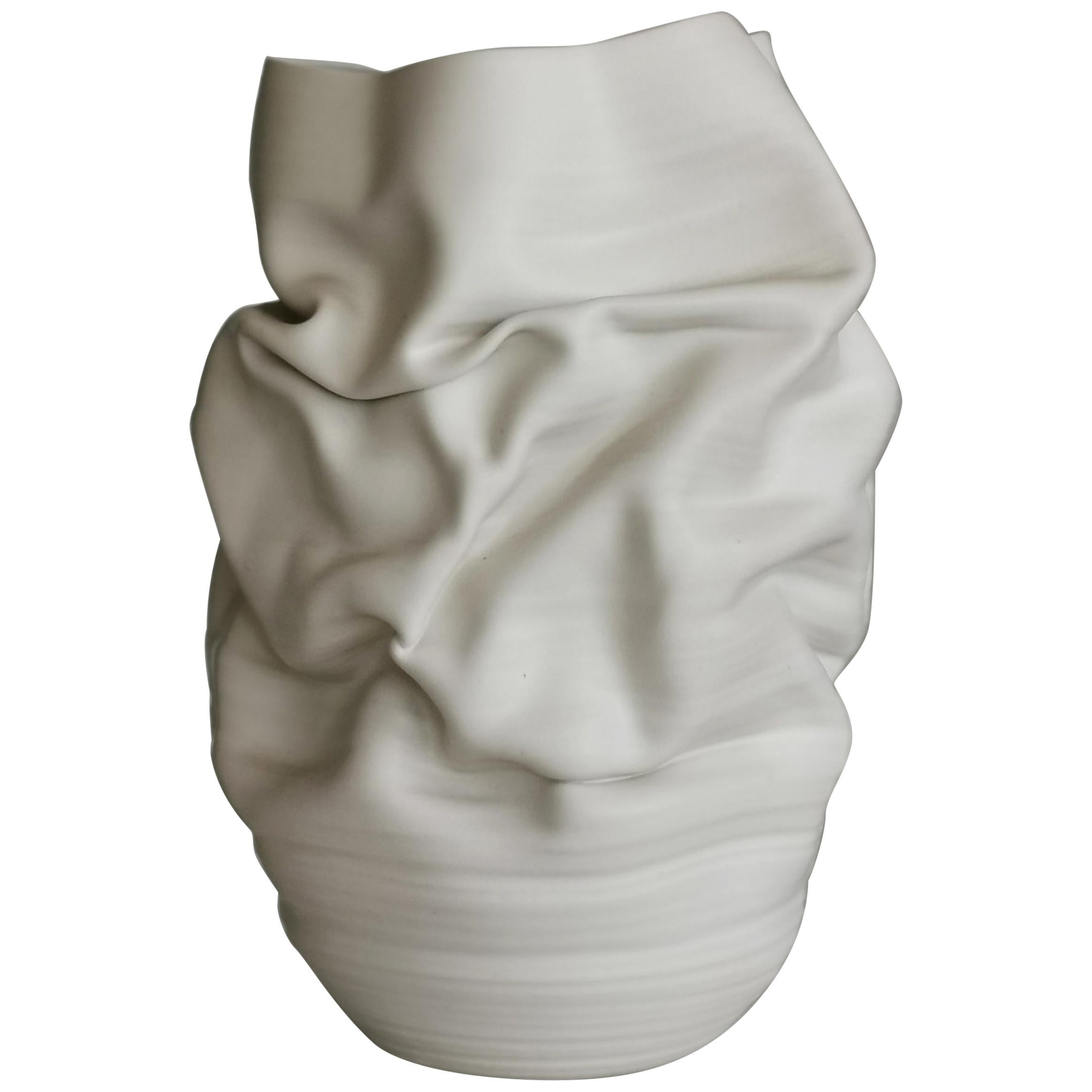 White Deflated Crumpled Form, Vase, Interior Sculpture or Vessel, Objet ...