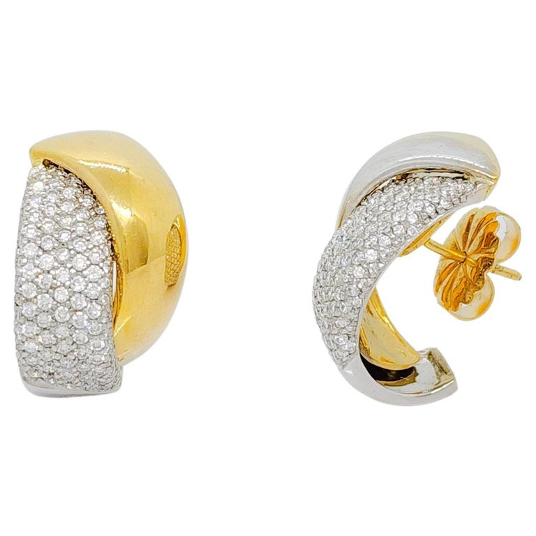 White Diamond 18k Two Tone Gold Half Hoop Earrings For Sale at 1stDibs