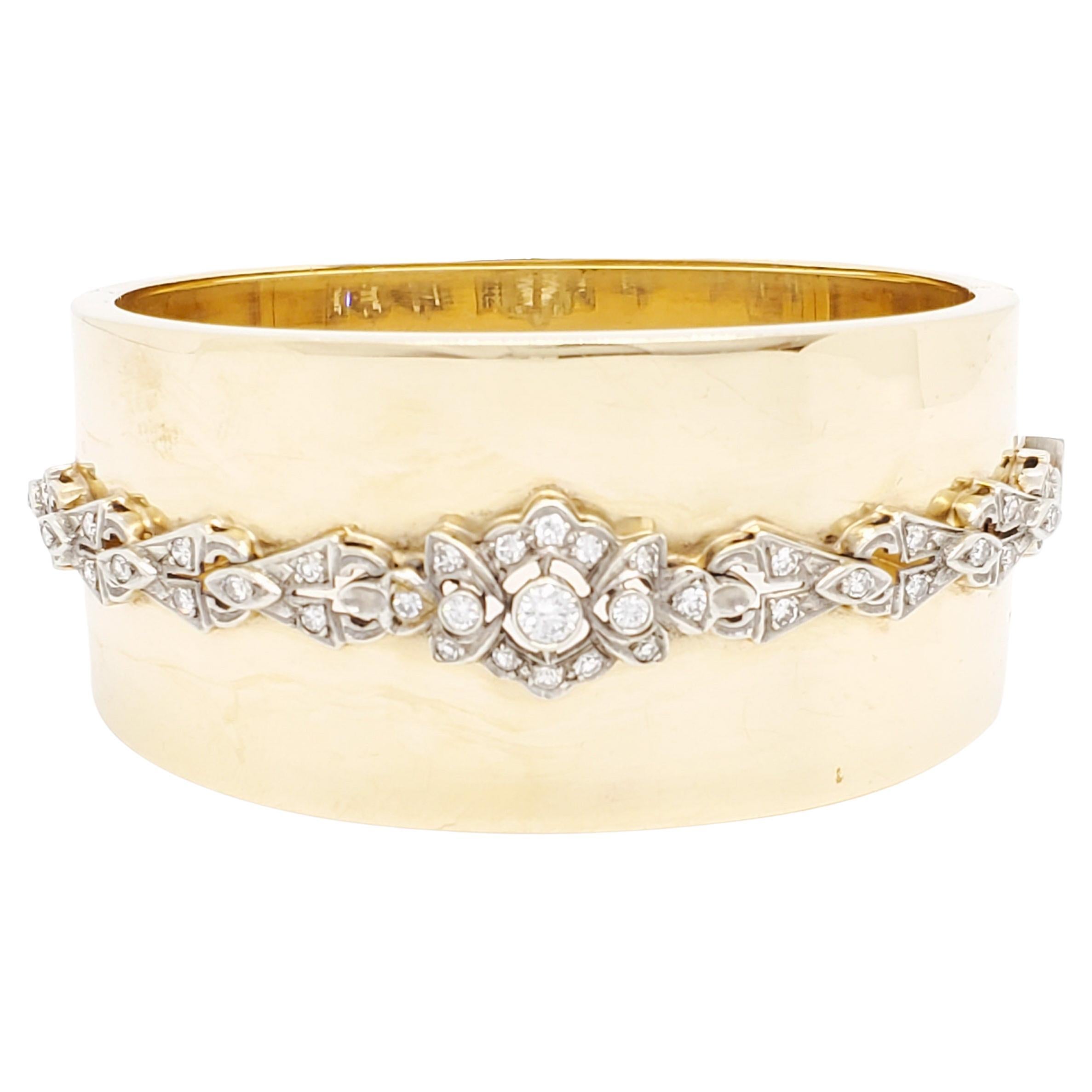 Diamond Leaf Bangle w 14K Yellow Gold For Sale at 1stDibs