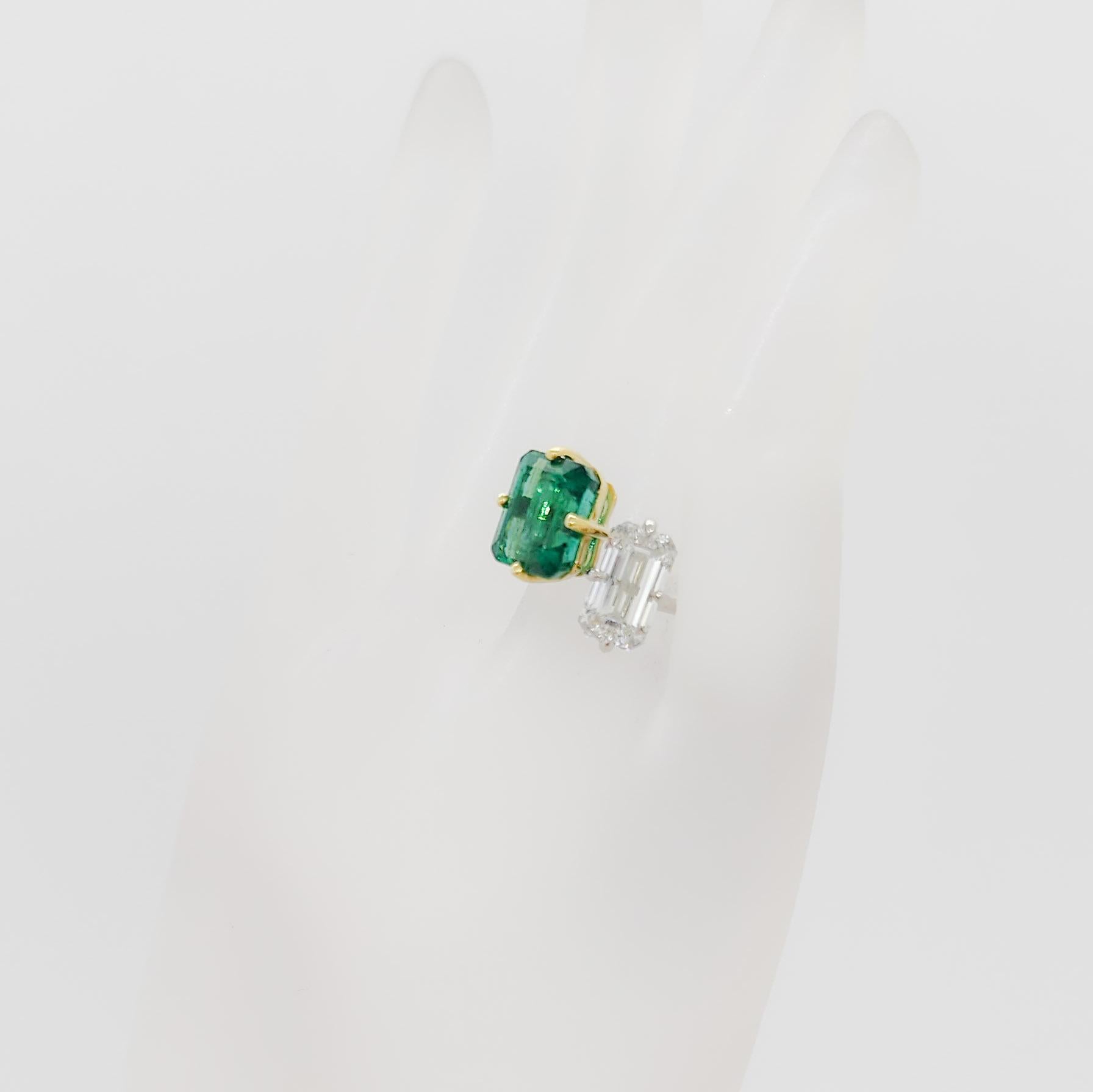 White Diamond and Emerald Bypass Ring in Platinum and 18k Yellow Gold ...