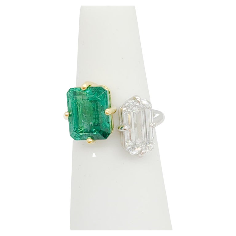 White Diamond and Emerald Bypass Ring in Platinum and 18k Yellow Gold ...