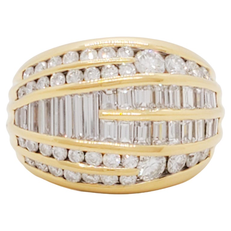 White Diamond Baguette and Round Cocktail Ring in 18k Yellow Gold For ...