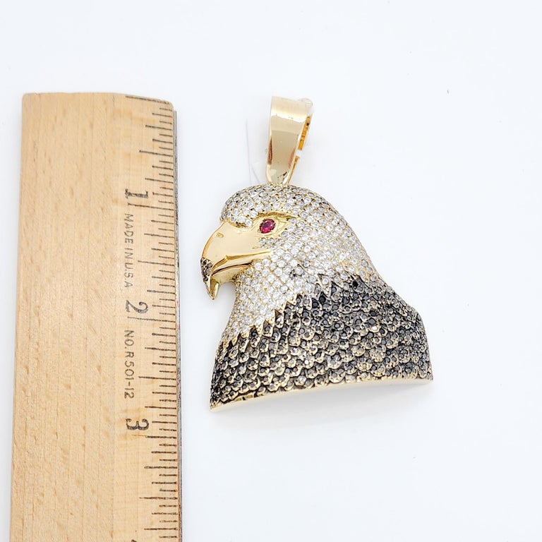 White Diamond, Black Diamond, and Ruby Hawk Pendant in 18k Yellow Gold ...