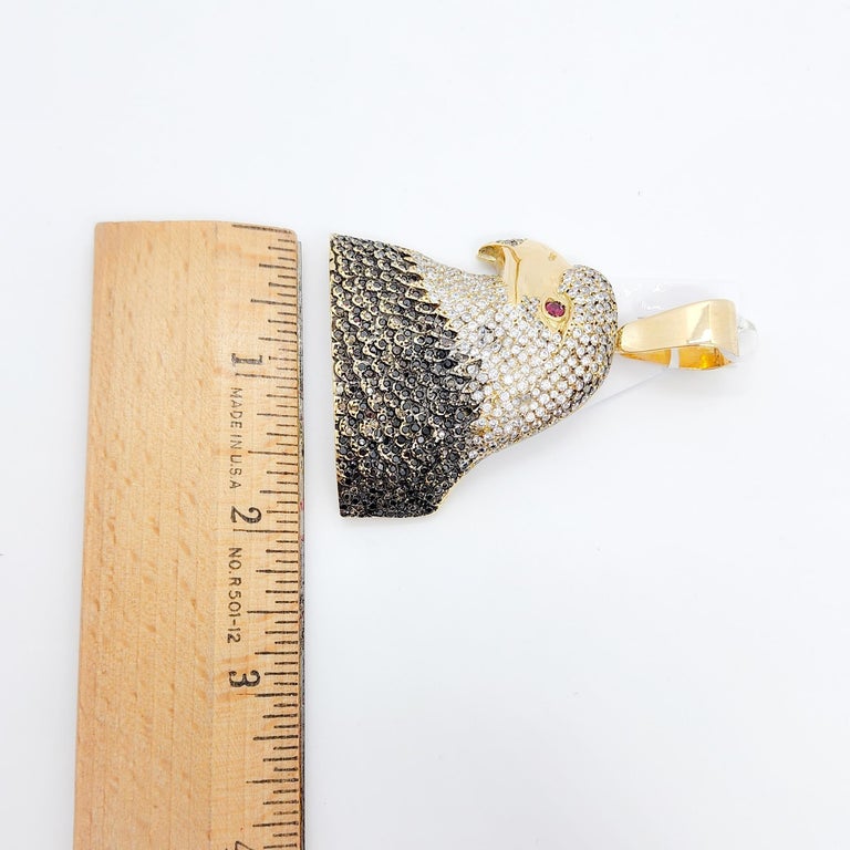 White Diamond, Black Diamond, and Ruby Hawk Pendant in 18k Yellow Gold ...