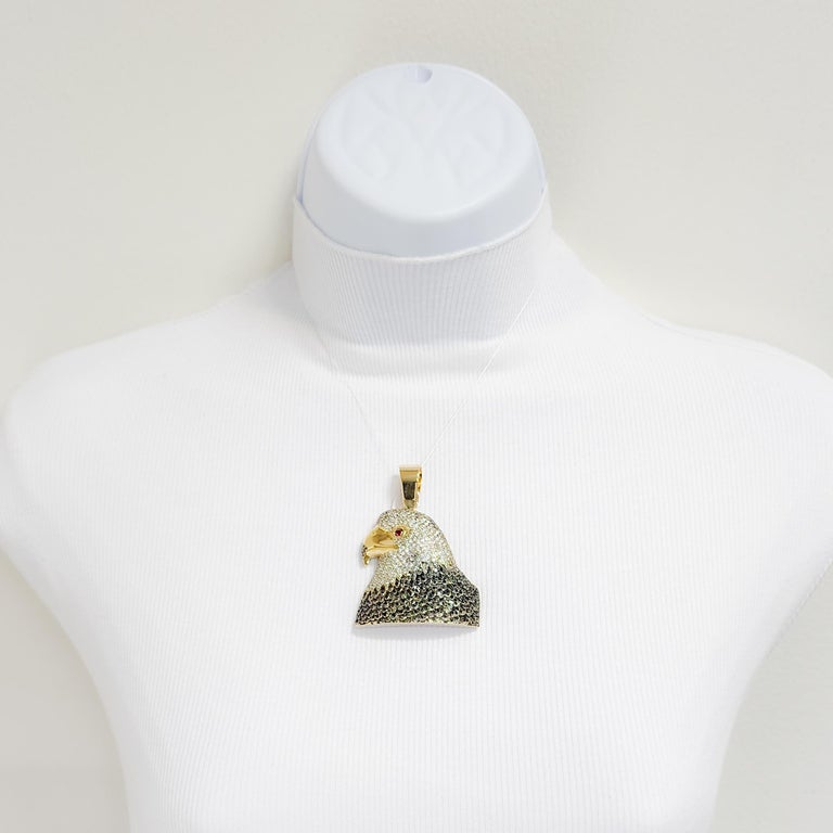 White Diamond, Black Diamond, and Ruby Hawk Pendant in 18k Yellow Gold ...