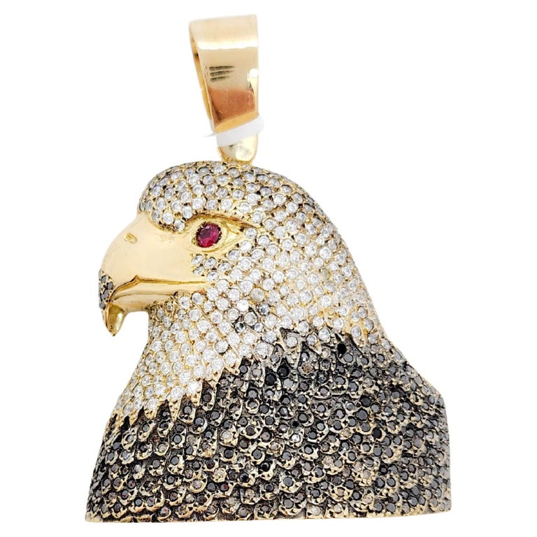 White Diamond, Black Diamond, and Ruby Hawk Pendant in 18k Yellow Gold ...