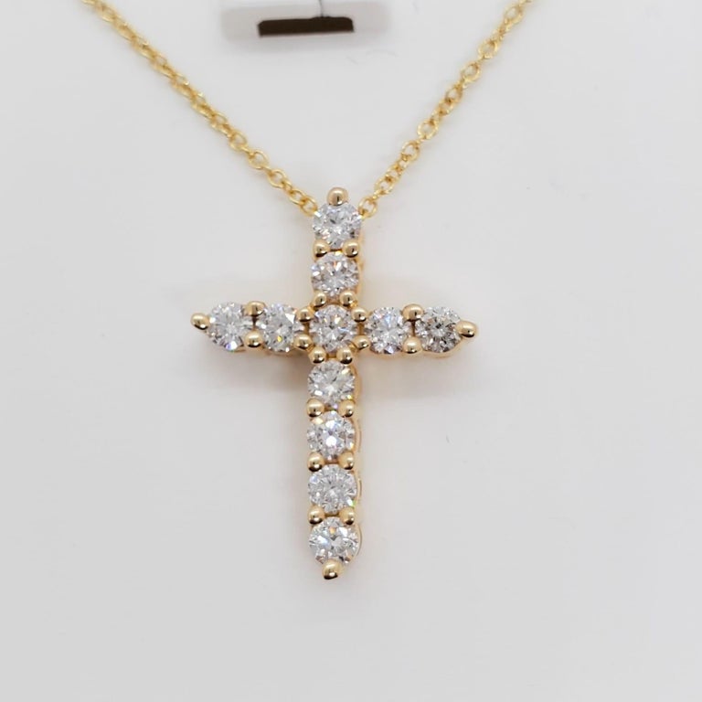 White Diamond Cross Pendant Necklace in 14k Yellow Gold For Sale at 1stDibs