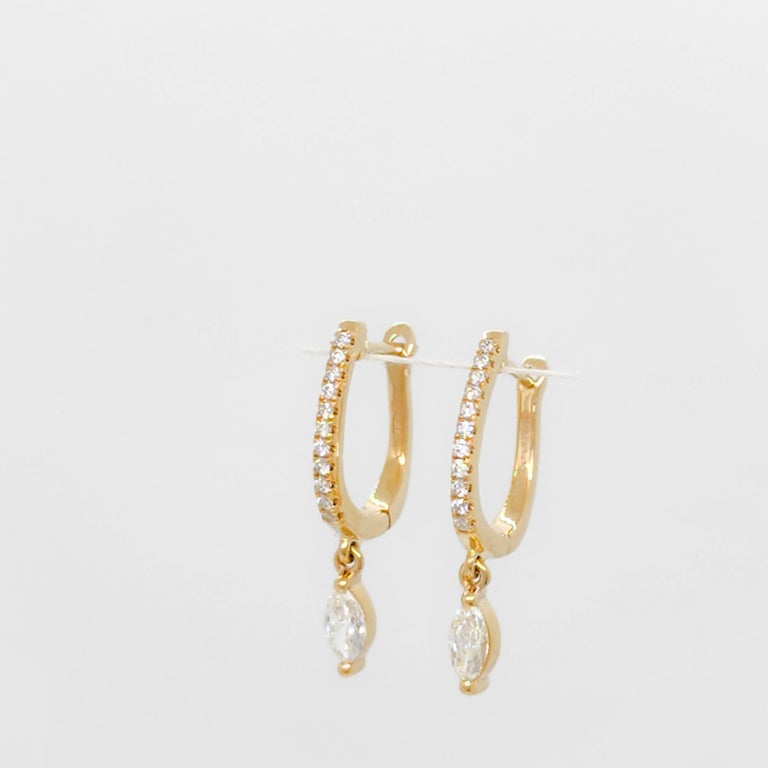 White Diamond Dangle Hoops in 14k Yellow Gold For Sale at 1stDibs