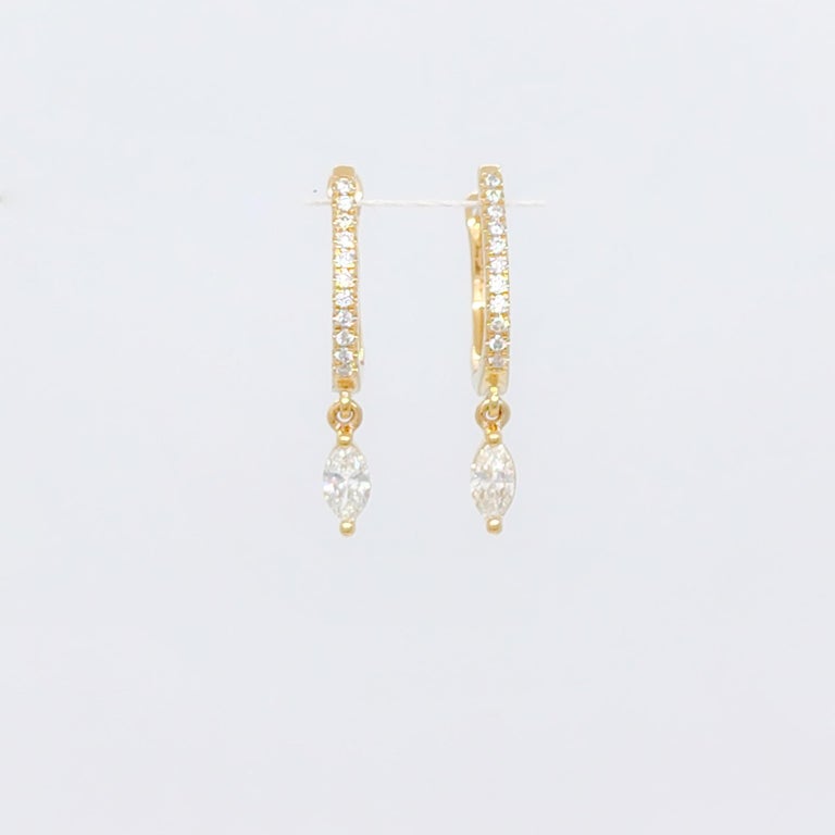 White Diamond Dangle Hoops in 14k Yellow Gold For Sale at 1stDibs