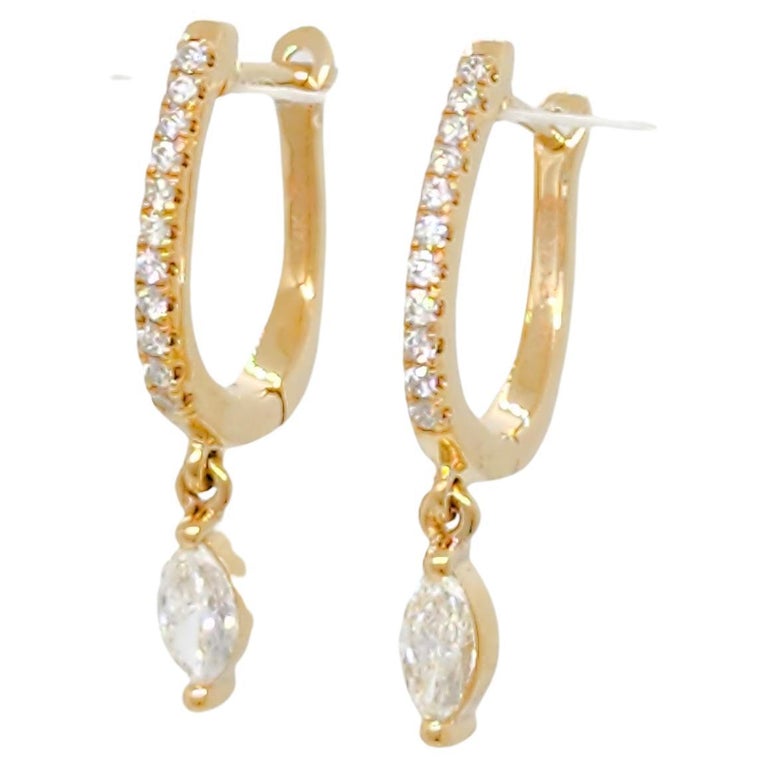 White Diamond Dangle Hoops in 14k Yellow Gold For Sale at 1stDibs