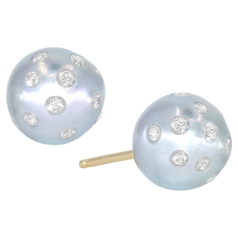 White Diamond Embedded Silver Pearl Gold Stud Earrings, Russell Trusso ...