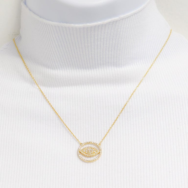 White Diamond Evil Eye Pendant Necklace in 14k Yellow Gold For Sale at ...