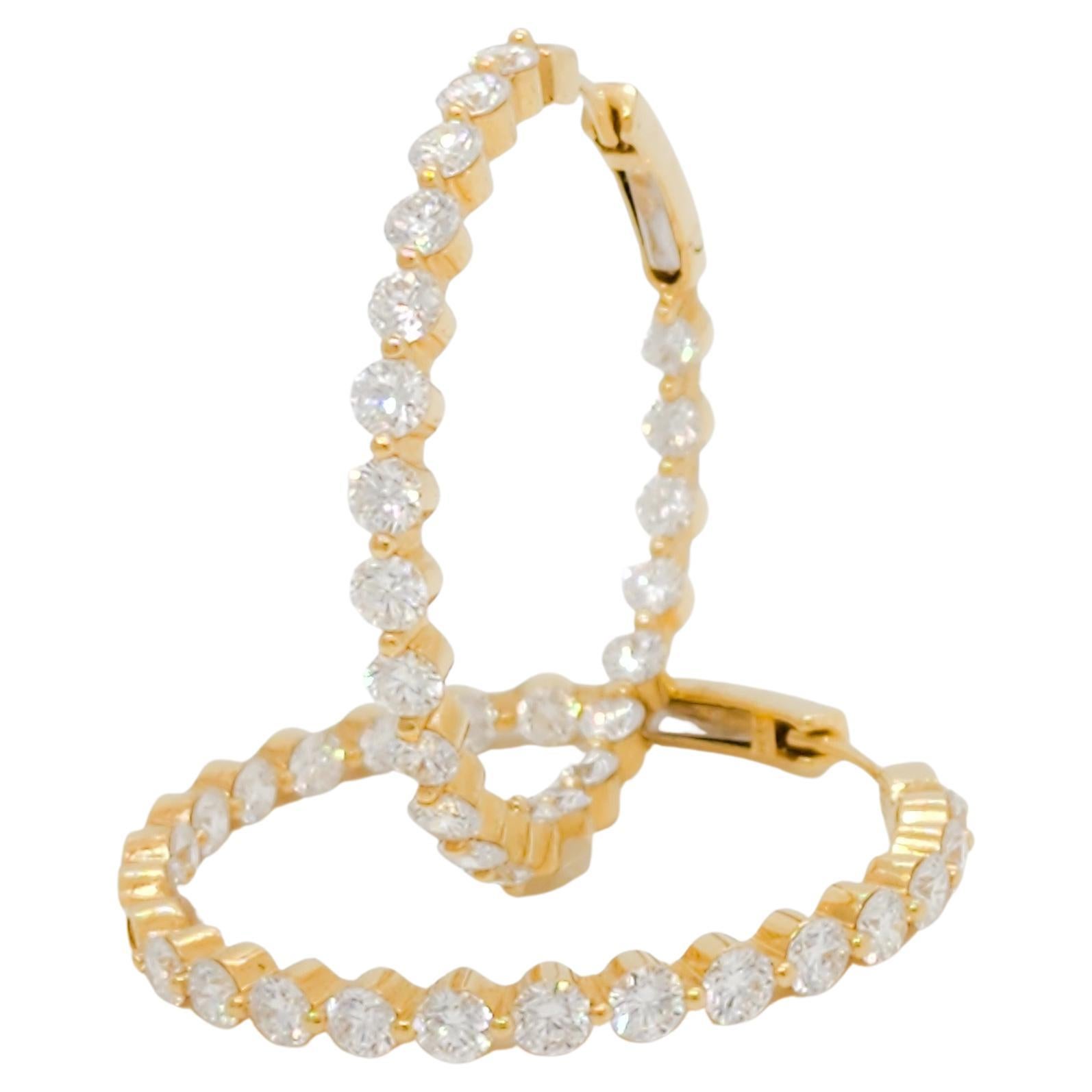 White Diamond Round and Baguette Hoops in 18k Yellow Gold For Sale at ...