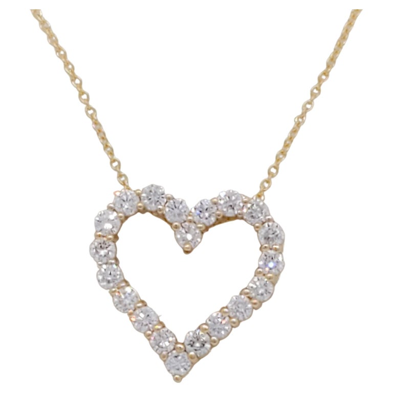 White Diamond Open Heart Pendant Necklace in 14k Yellow Gold For Sale ...