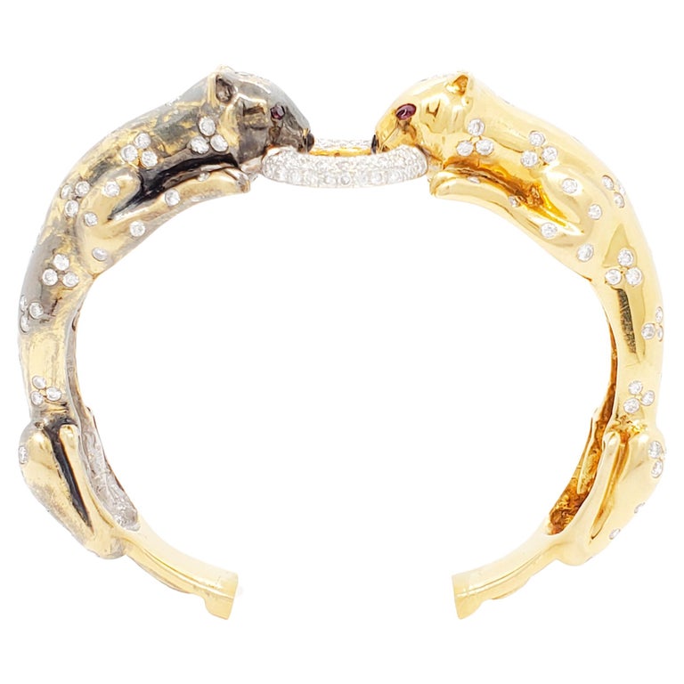 White Diamond Panther Bangle Bracelet in 18k Two Tone Gold For Sale at ...