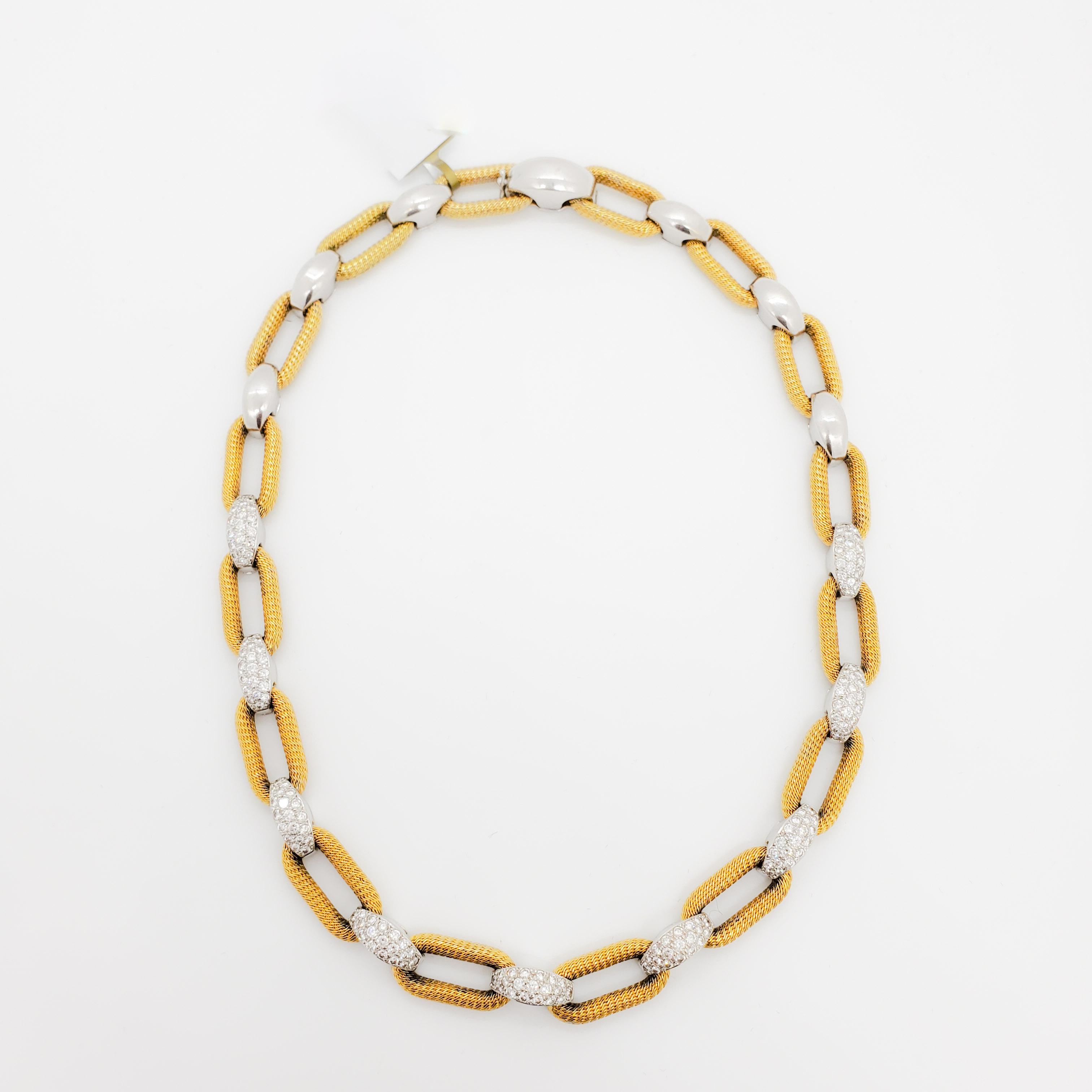 White Diamond Pave and 18k Yellow and White Gold Link Necklace For Sale ...