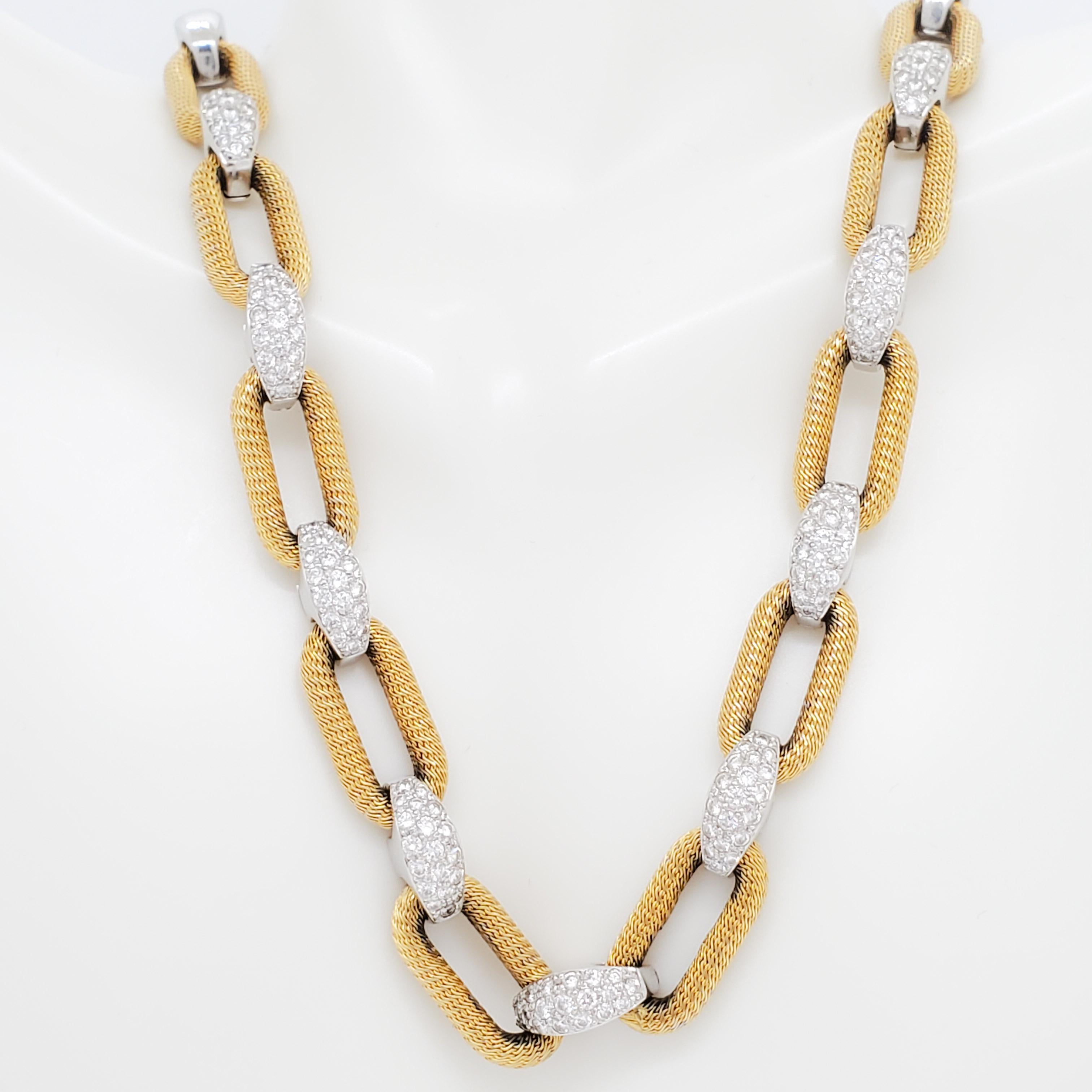 White Diamond Pave and 18k Yellow and White Gold Link Necklace For Sale ...