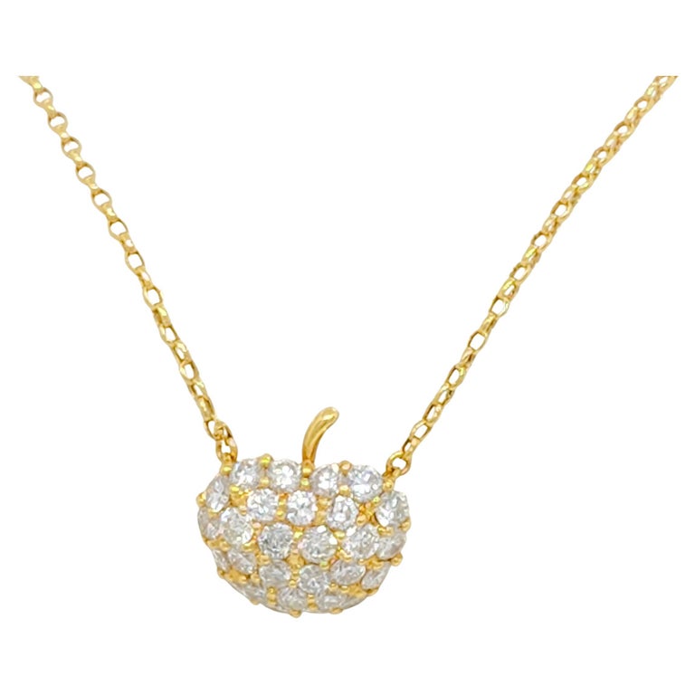 White Diamond Pave Apple Design Pendant Necklace in 18k Yellow Gold For ...