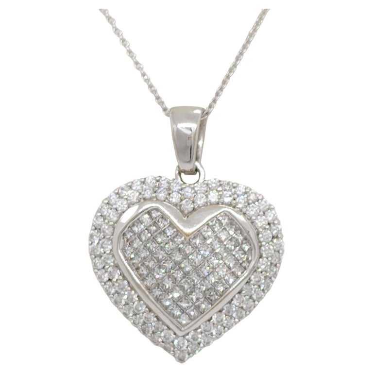 White Diamond Pave Heart Pendant Necklace in 14k White Gold For Sale at ...