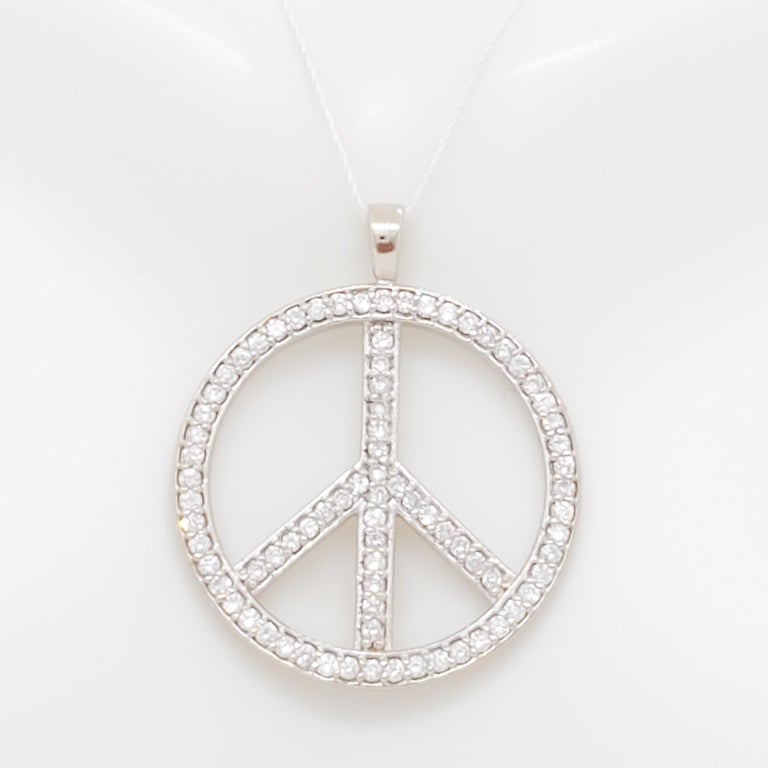 White Diamond Peace Sign Pendant in 14k White Gold For Sale at 1stDibs