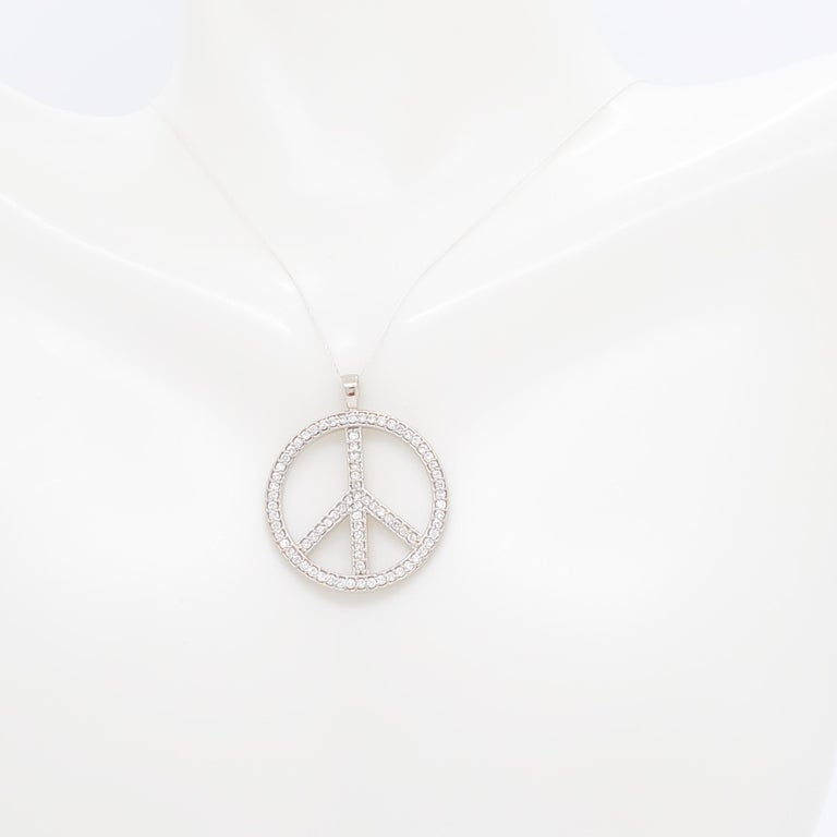 White Diamond Peace Sign Pendant in 14k White Gold For Sale at 1stDibs