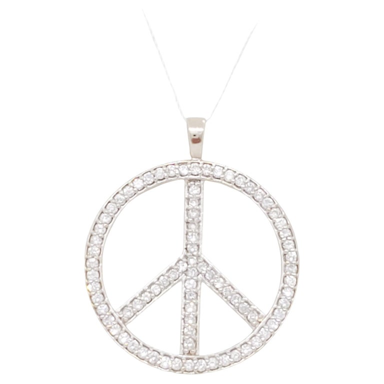 White Diamond Peace Sign Pendant in 14k White Gold For Sale at 1stDibs
