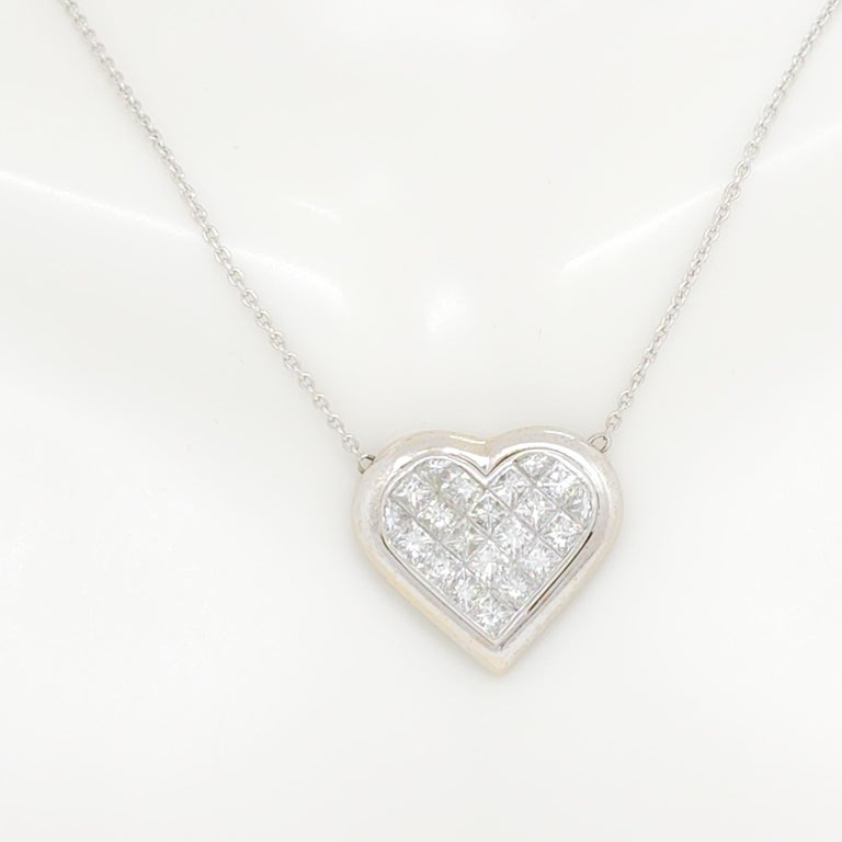White Diamond Princess Cut Heart Pendant Necklace in 18k For Sale at ...