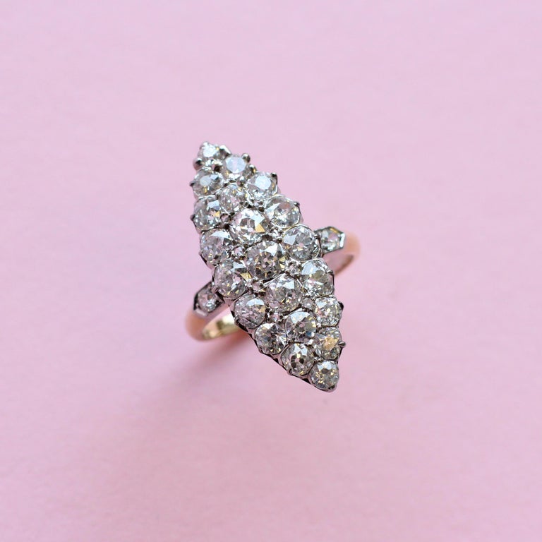 White Diamond Ring in Vintage Cluster Setting Set with Old Cut Diamonds ...