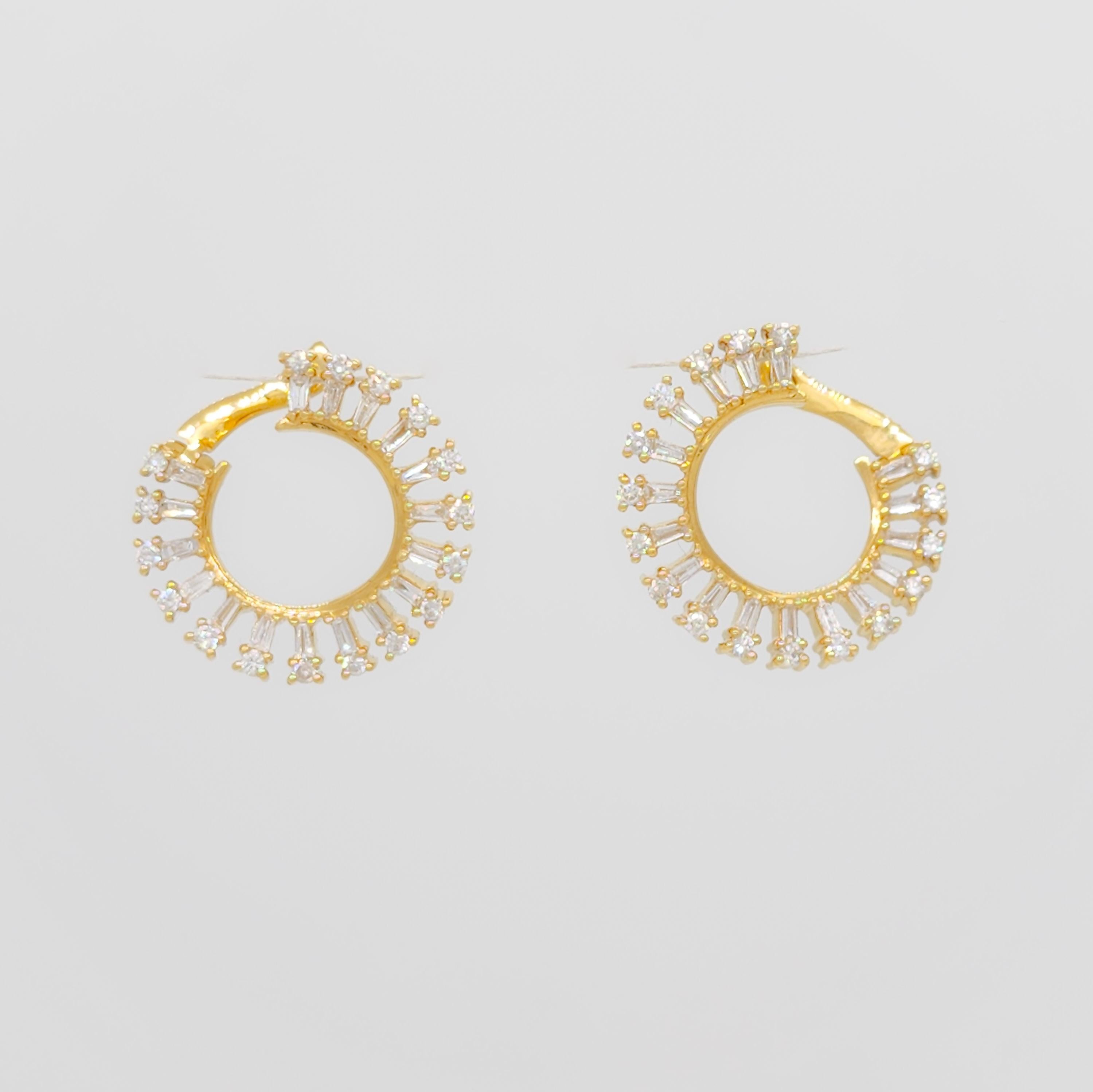White Diamond Round and Baguette Hoops in 18k Yellow Gold For Sale at ...