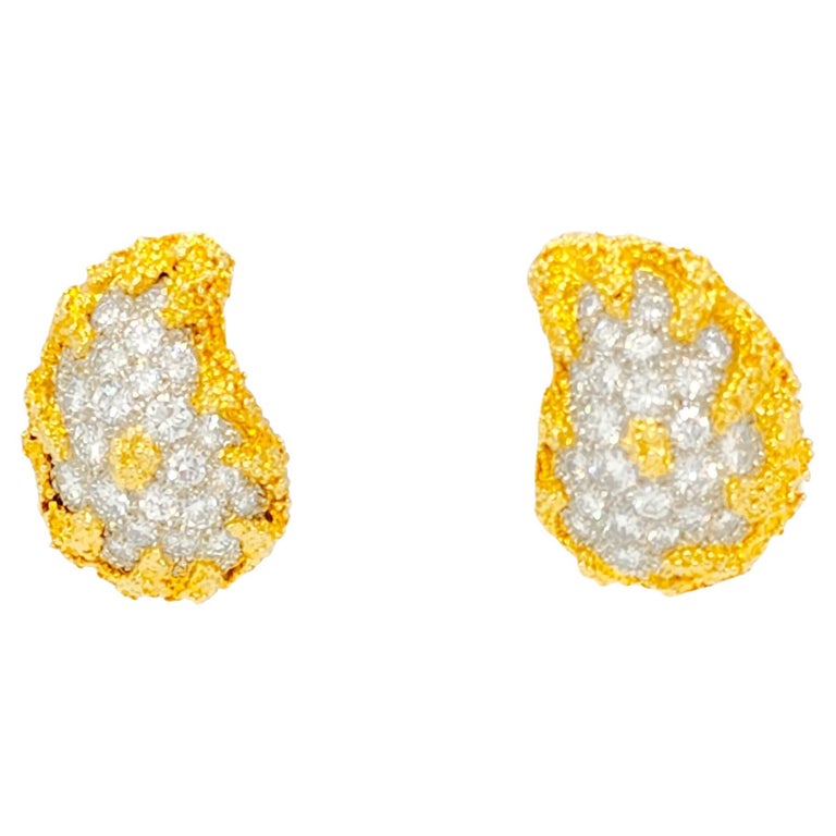 White Diamond Round Cluster Clip On Earrings in 18k Yellow and White ...