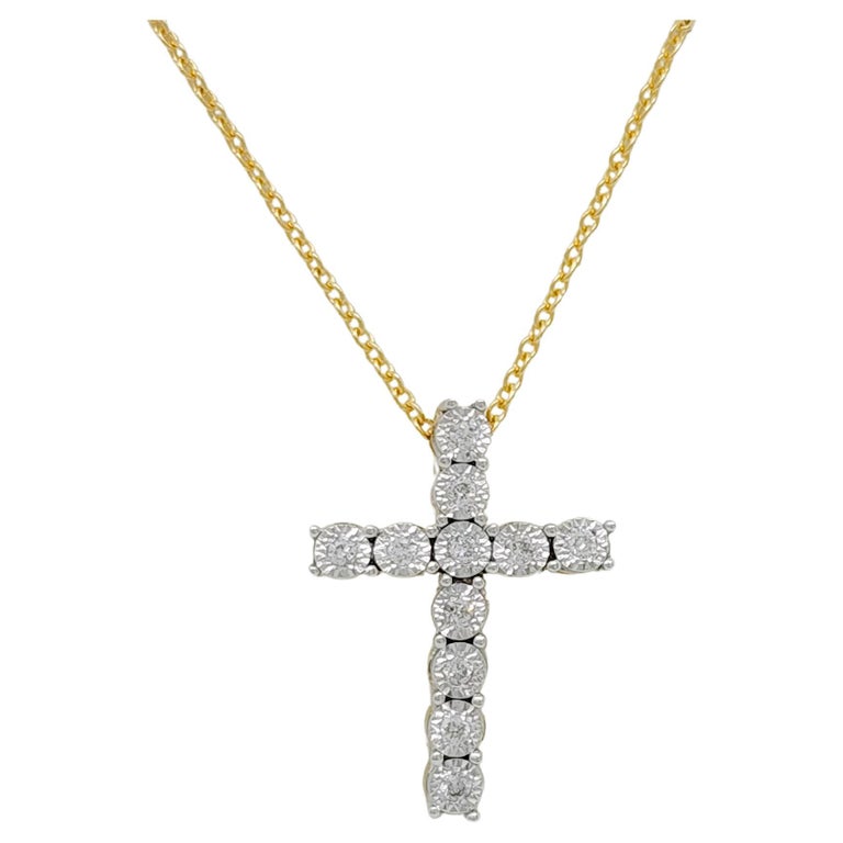 White Diamond Round Cross Necklace in 14k Yellow Gold For Sale at 1stDibs