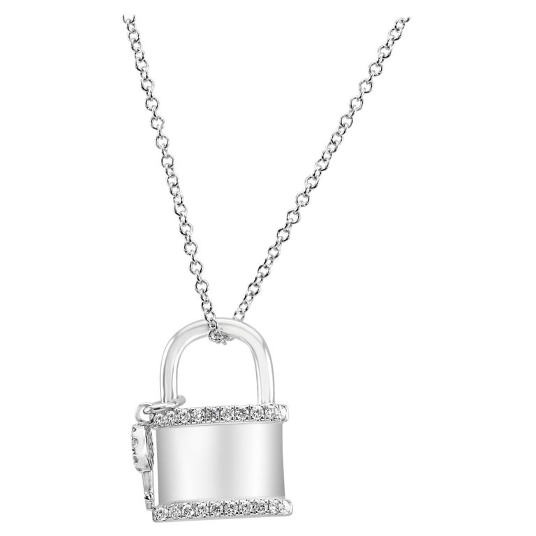 White Diamond Round Fashion Lock and Key Pendant 14K White Gold Chain ...