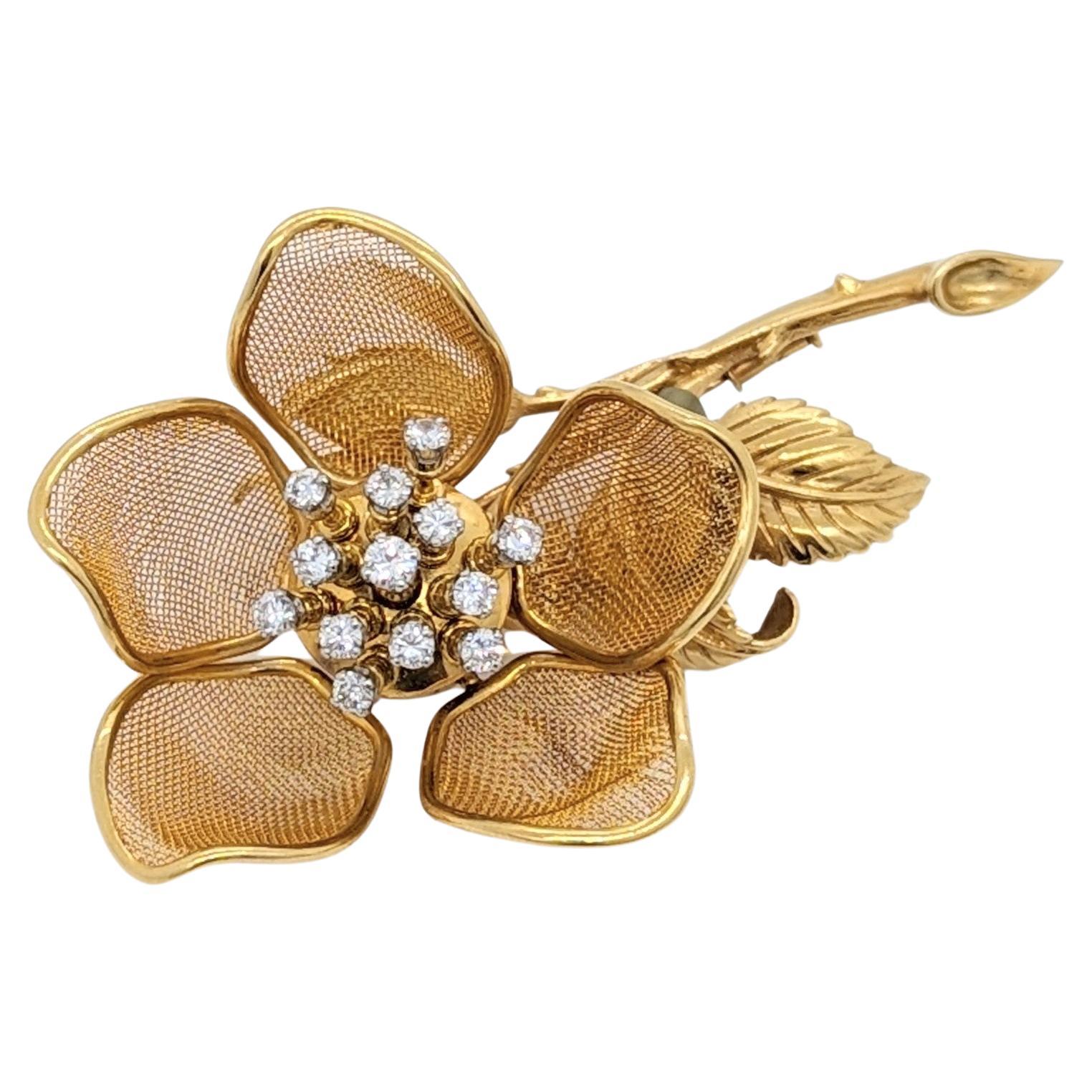 White Diamond Round Rose Design Brooch in 18K Yellow Gold For Sale at ...